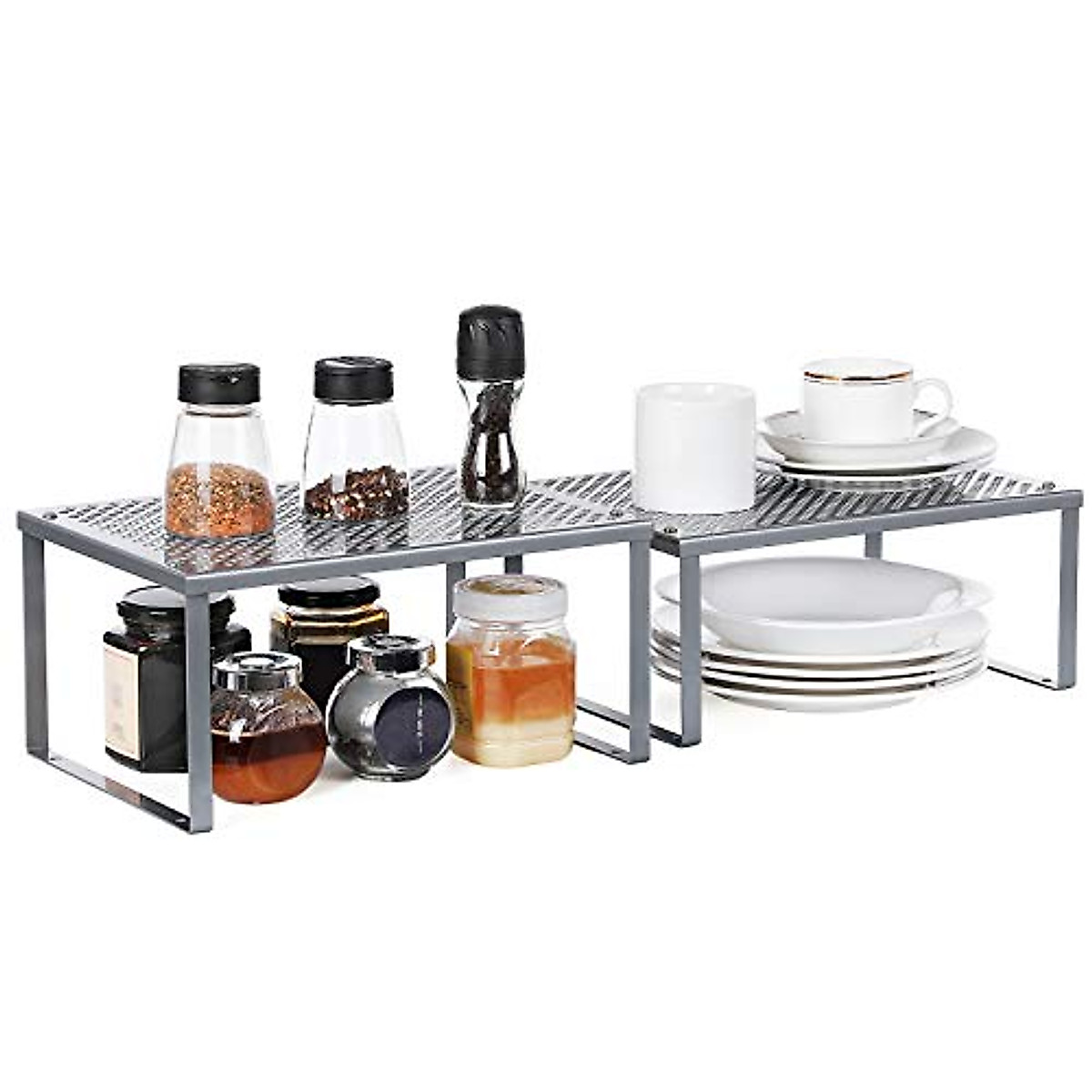 SONGMICS Cabinet Shelf Organizers, Shelf Organizer, Countertop Organizer, Shelf Riser, Stackable, Expandable, Set of 2 Metal Kitchen Counter Shelves, Silver UKCS01SV