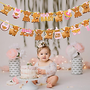 Pink Highland Cow Banners 2Pcs Highland Cow Baby Shower Party Decorations Holy Cow Baby Shower Banner Highland Cattle Cutout Decorations for Girl Oh Baby Cow Birthday Party Supplies