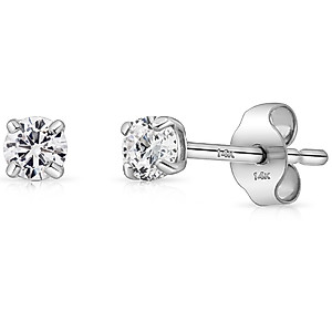 14k White Gold Round Small Cubic Zirconia Tiny CZ Earrings Minimalist Real Solid 14kt Gold Solitaire Studs 2.5mm