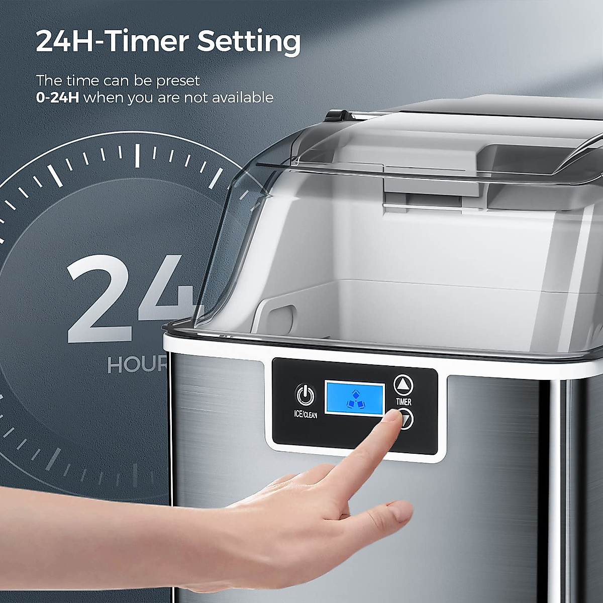 Nugget Countertop Ice Maker with Soft Chewable Pellet Ice, Self Cleaning,44lbs/Day,LED 24H Timer, with Ice Scoop and Ice Basket,Sonic ice for Home & Kitchen Bar Party,Stainless Steel Silver