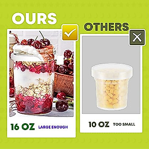 Overnight Oat Containers with Lids and Spoon, 16OZ Large Capacity Glass Mason Jars, Glass Food Storage Containers for Milk, Cereal, Vegetable and Fruit Salad (2 PACK)