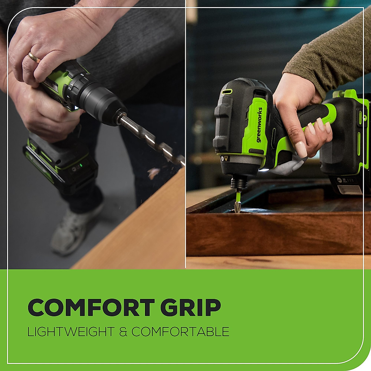 Greenworks 24V Cordless Drill Impact Driver Combo kit, 1/2” Drill & 1/4” Hex Impact Driver Brushless Power Tool Kit, Included 2 Batteries, 1 Charger, 8 pcs Bit Set & Bag