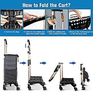 Folding Hand Truck Portable Dolly Utility Cart Rolling Crate with 4 Rotate Wheels 80KG/176Lbs Heavy Duty Handcart Removable Bag Telescoping Handle for Moving Shopping Grocery Office Use(Black&White)