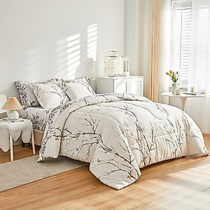 UOZZI BEDDING Cream White Bed in a Bag Twin 6 pc Branch Style All Season Soft Microfiber Reversible Bed Comforter Set (1 Comforter 2 Pillow Shams 1 Flat Sheet 1 Fitted Sheet 1 Pillowcases)