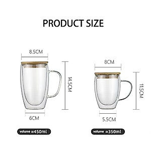 15 Oz Double Walled Coffee Cups Glass Coffee Mugs Clear Coffee Mug with Lid Insulated Coffee Mug Perfect for Cappuccino,Tea,milk ,Espresso,juice, Hot Beverage with Handle (15oz, with bamboo lid)