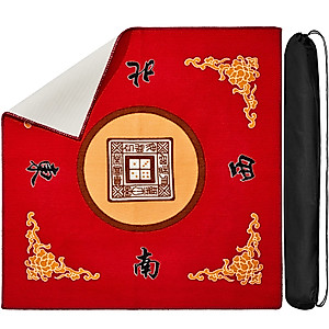 Juexica Mahjong Mat with Bag, Anti Slip Noise Reduction Table Cover Board Game Mat Mahjong Table Mat Mahjong Accessories Tablecloth Mahjong Paigow Poker Cards (Red)