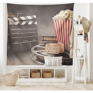 Ambesonne Movie Theater Tapestry, Old Fashion Entertainment Objects Related to Cinema Film Reel Motion Picture, Wide Wall Hanging for Bedroom Living Room Dorm, 80" X 60", Yellow White