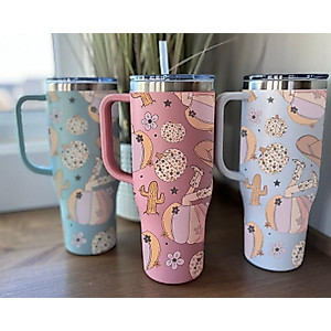 VTER Western Halloween Tumbler 40oz With Handle and Straw, Howdy Ghouls 40oz Tumbler, Cowgirl 40oz Stainless Steel Tumbler, Halloween Cup, Insulated Stainless Steel Tumbler (V2 pink dusk)