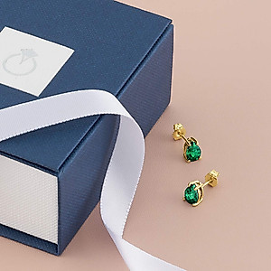 Peora 14K Yellow Gold Created Emerald Earrings for Women, Classic Solitaire Studs, 7x5mm Pear Shape, 1.250 Carats total, Friction Back