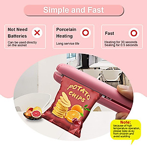 Bag Sealer Heat Seal Chip Bag Sealer Handheld Heat SealerClips Kitchen Gadgets Food Sealer Bag Resealer for Heat Sealing Machine for Chip Bags Snack Bags Plastic Bags Sealer Bags for Food(Pink)