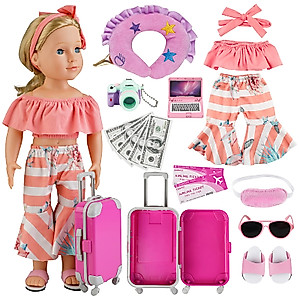 COSYOO 17 PCS Doll Travel Set Suitcase American Doll Accessories for Girl 18 Inch Including Suitcase Luggage A Set of Clothes Slippers Sunglasses Camera Laptop Unicorn Pillow Blindfold