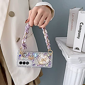 Omio for Samsung Galaxy Z Fold 3 Bling Case with Hand Chain Wrist Strap Bracelet Silk Scarf for Girls Women Sparkle Rhinestone Pearl Crystal Glitter Diamond Shockproof Cover for Galaxy Z Fold 3 Purple