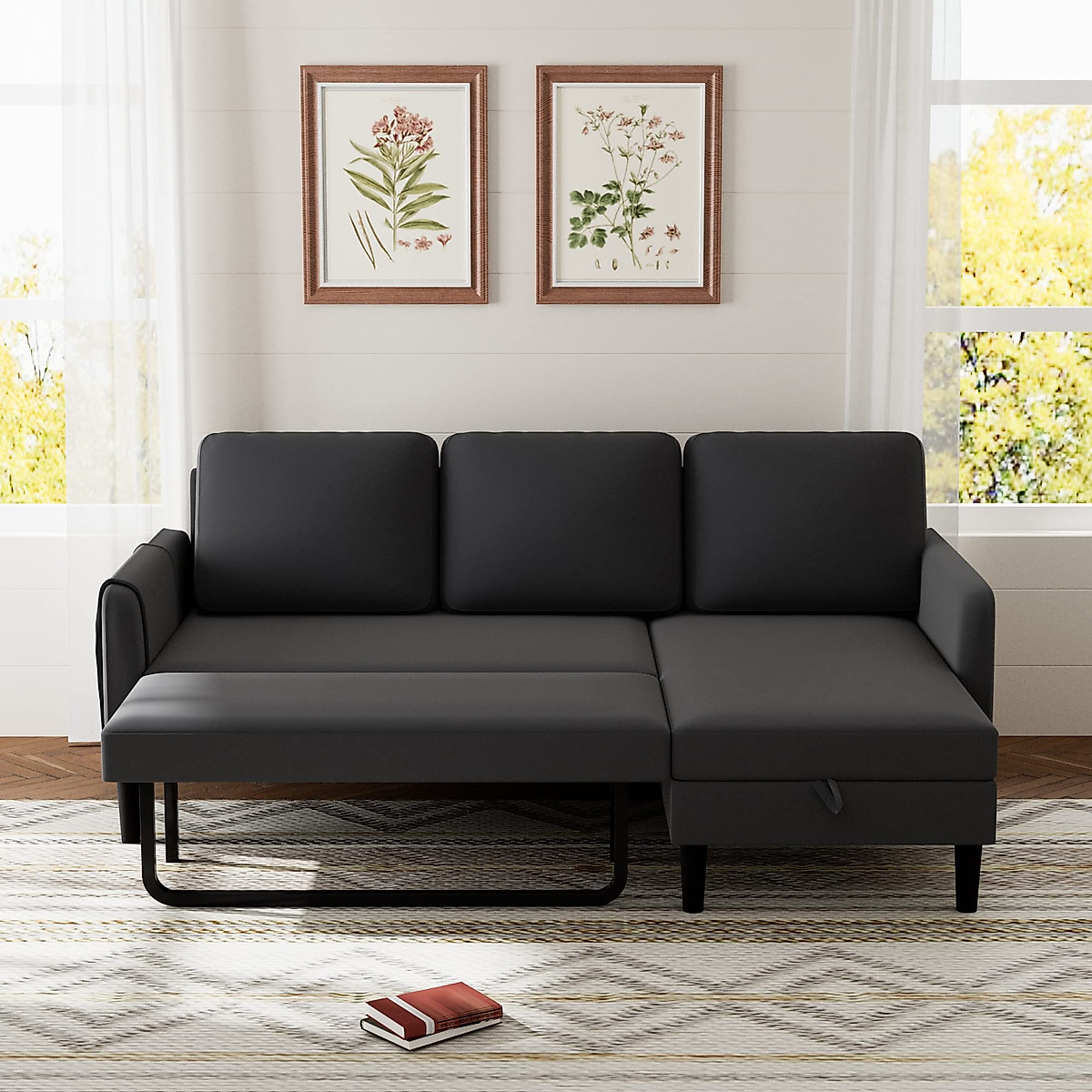 Olela Pull Out Sleeper Sofa Couch,Velvet Convertible Sofa Bed L Shape Sectional Sofa with Storage Chaise and Pocket for Living Room (Black), (convertible sofa bed-1)