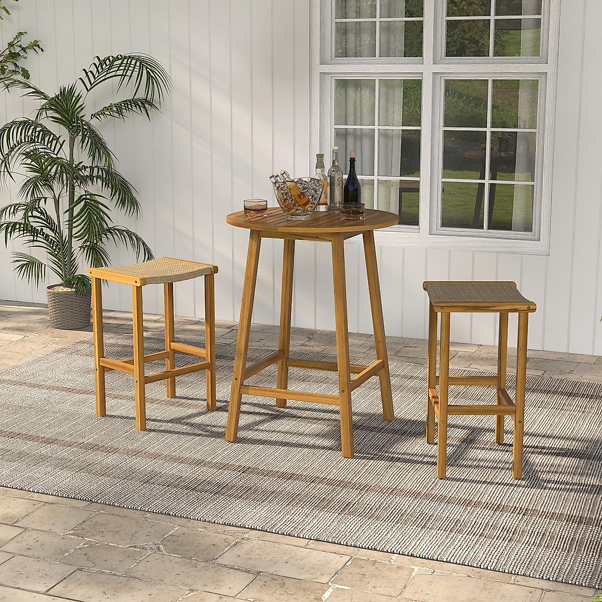 Tangkula Outdoor Bar Stools Set of 4, 30 Inches high Acacia Wood Heavy Duty Bar Height Stools with PE Rattan Saddle Seat, for Patio, Garden, Poolside and Balcony, Teak