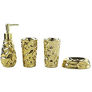 MyGift 4 Piece Luxurious Modern Gold Ceramic Bathroom Accessory Set, Gold Decor Bathroom Accessories, Toothbrush Holder Set with Soap Dish, Pump Dispenser and Tumblers
