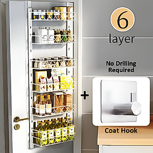6 Tier Pantry Organizer with Cloth Hook (White) - Metal Hanging Kitchen Spice Rack, Can Organizer - Maximize Your Pantry Door Storage Space, Neat and Efficient Pantry Organization Solution