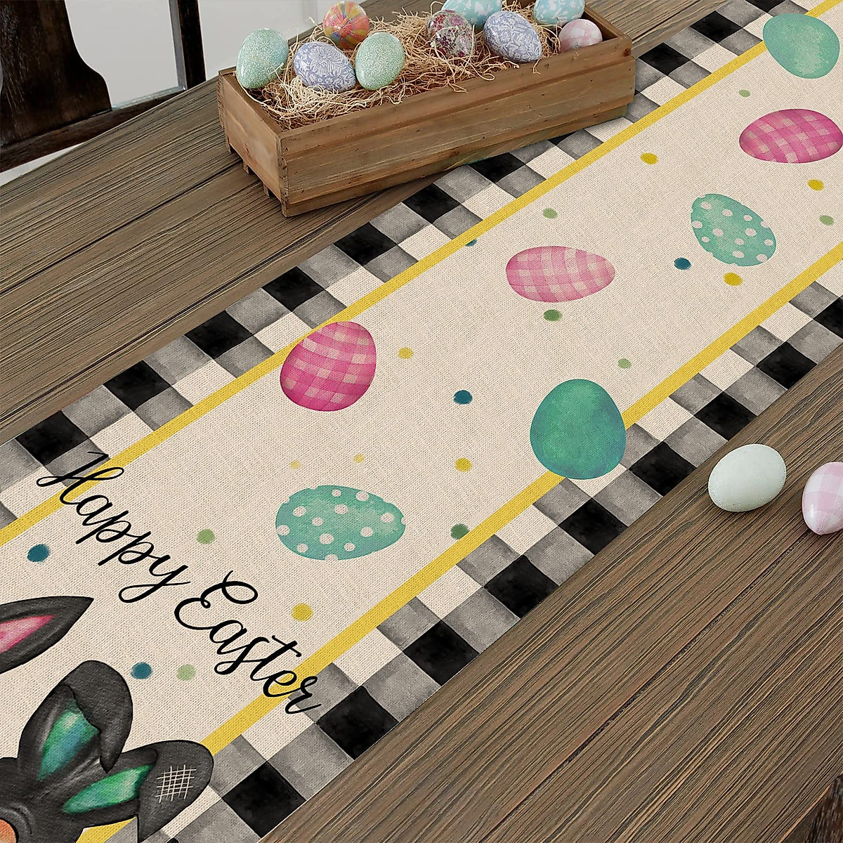 Seliem Happy Easter Bunny Gnome Eggs Table Runner, Black White Buffalo Plaid Check Home Kitchen Holiday Rabbit Decor, Spring Farmhouse Polka Dots Burlap Dining Decorations Party Supply 13 x 72