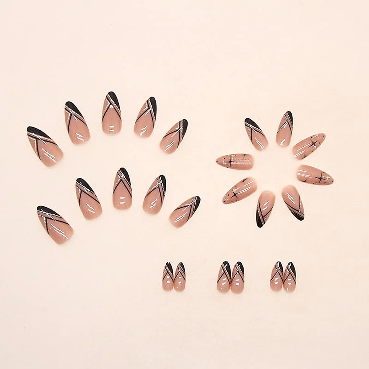 24 PCS French Tip Press on Nails Medium Almond Shape False Nails Gold Glitter Full Cover False Nails with Black Gold Line Star Design Artificial Fingernails for Women Girls Acrylic Manicure Decoration