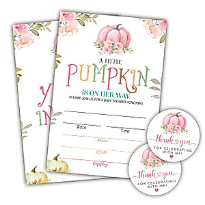 Ketsord 20 Baby Shower Invitations & Thank You Stickers - A Little Pumpkin Is On Her Way Invites, Envelopes And Adhesive Round Thank You Stickers, Gender Reveal, Baby Announcement Party Favor (A07)