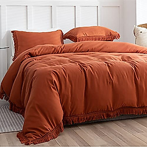 Smoofy Comforter Set Queen Size Terracotta 3 Pcs Boho Fringe Tufted Soft Microfiber Bedding Sets, Tassel Burnt Orange Comforter Sets for All Season (1 Comforter + 2 Pillowcases)