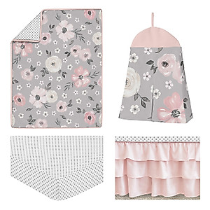 Sweet Jojo Designs Grey Watercolor Floral Baby Girl Nursery Crib Bedding Set - 4 Pieces - Blush Pink Gray and White Shabby Chic Rose Flower Polka Dot Farmhouse