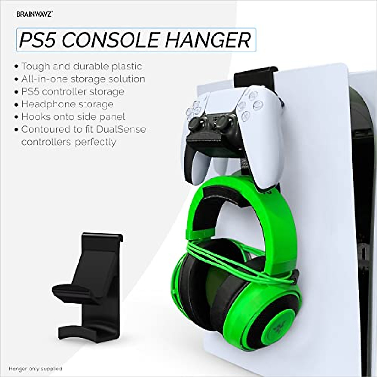 BRAINWAVZ PS5 Game Controller & Headphone Hanger Console Mount for PlayStation PS5 DualSense Gamepad, Hook-On Hanger Bracket (Black)