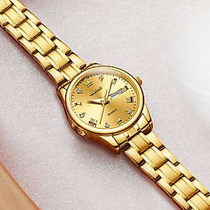 OLEVS Watches for Women 14k Gold Tone Ladies Watches Waterproof with Day and Date Stainless Steel Woman Wrist Watches,Simple Dress Small Face Lady Watch Fashion Elegant Classic Female Watches