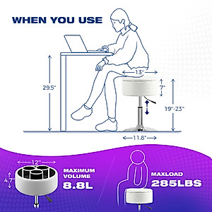 GREENSTELL Vanity Stool with Storage, 19" to 23" Height Adjustable PU Leather Vanity Chair, 360° Swivel Makeup Stool with Removeable Tray, Modern Ottoman for Bedroom Bathroom, White