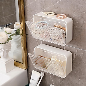 FABROK 2Pcs Wall Mounted Storage Organizer for Cotton Pads, Qtip Holder Dispenser with 2 Compartments, Bathroom Vanity Storage Canister for Cotton Swab, Makeup Pads, Hair Clips, Hair Ties(White-2PCS)