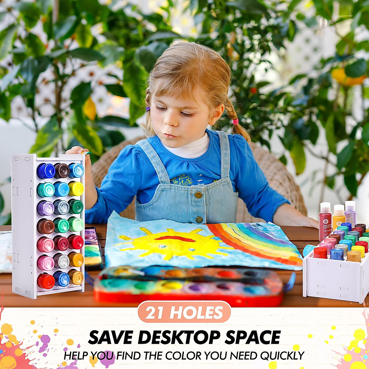 Hicarer 2 Pcs 21 Holes Craft Paint Storage Organizer Vertical Paint Rack Stand Paint Storage Containers Wall Mounted Paint Holder Removable Paint Organizer Box for 2oz Paint Bottle Art Supplies