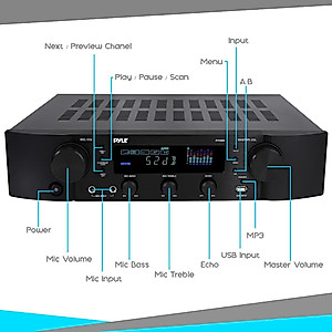 Pyle Updated Premium Pyle Stereo Preamplifier, Home Entertainment Receiver, Bluetooth Amp, RCA Audio Input, 2 Channel Amp, AM/FM Radio with LCD Display, MP3/USB/AUX, AC Power Cable PT395