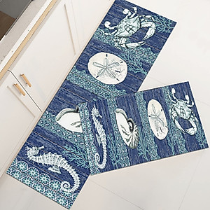 GUBIYU Kitchen Rugs Sets 2 Piece Floor Mats Sea Underwater Submarine Blue Crab Durable Doormat Nautical Ocean Animal Area Rugs Washable Runner Carpet Set Non Slip Fantastic Crab Kitchen Rugs and Mats