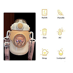 JHTPSLR Large Kawaii Capsule Water Bottle with Straw and Strap 28oz Cute Bunny Figurines Water Bottle for Kids Teen Girls School Sports Portable Water Bottle with Handle Leakproof Lid (Purple Bunny)