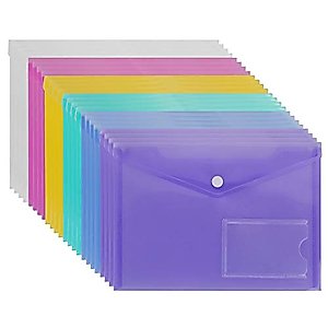 24 Pack A5 Poly Envelope Folder with Snap Button, CertBuy Clear Waterproof Plastic Document Envelope Premium Quality Envelopes Folder for School,Home, Work, and Office Organization, 6 Assorted Colors