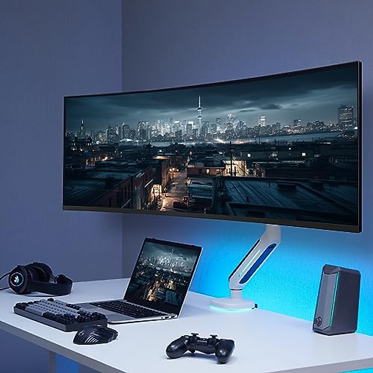 AVLT Single 27”-45” RGB Gaming Monitor Arm Desk Mount Built-in 20 Lighting Modes Touch Button Control Fits Flat/Curved/Ultrawide Monitor Height Swivel Tilt Rotation Adjustable Monitor Stand -White