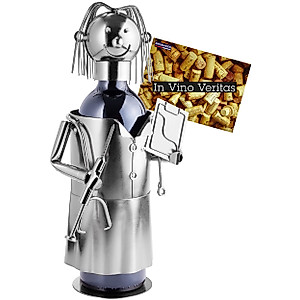 BRUBAKER Wine Bottle Holder Female Doctor - Metal Sculpture Bottle Stand - 7.9 inches - Wine Gift for Patients Female Specialist Medical Students for Study - with Greeting Card