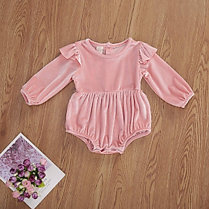 Infant Baby Girl Plain Fall Crushed Velvet Long Sleeve Bodysuits Romper Tops (A Peach Pink, 6-12 Months)