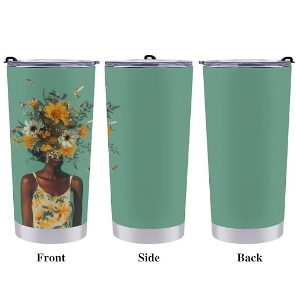 LLJEYOU Black Woman Flowers Birds Tumbler Insulated Travel Mug Stainless Steel Travel Tumbler Car Cup with Straw And Brush with Lid 20oz