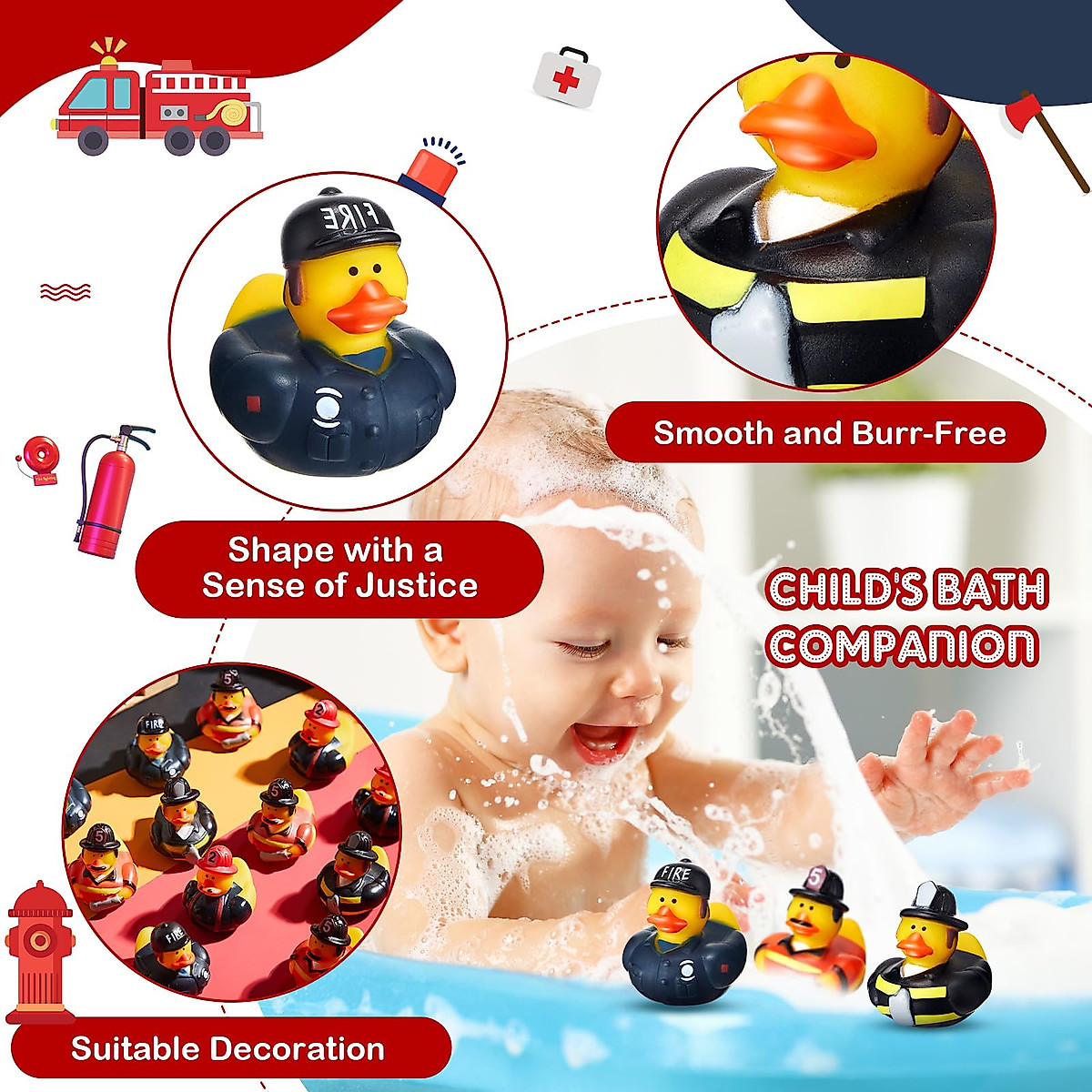 DEEKIN Fireman Rubber Duck 2 Inch Firefighter Hero Ducks Fighter Hero Bath Toy for Firefighter Theme Birthday Party Favors Beach Pool Summer Activities, 4 Styles(24 Pcs)