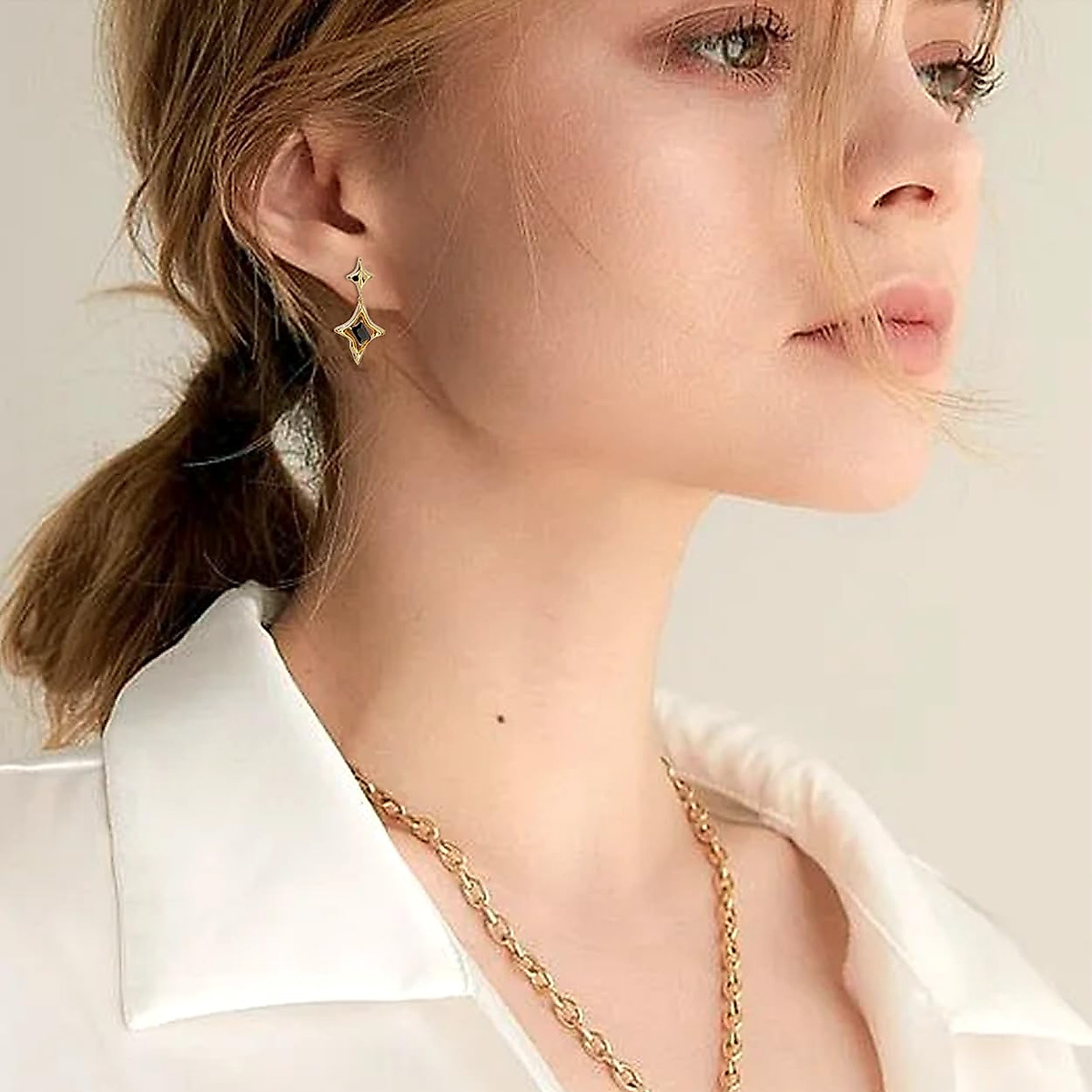 Sonateomber Gold Star Drop Dangle Earrings for Women - Cute Sparkly Black Rhinestone CZ Birthstone Crystal Lucky Four-point Star Dangling Hypoallergenic Stud Fashion Wedding Bridal Prom Birthday Accessories Jewelry Gift