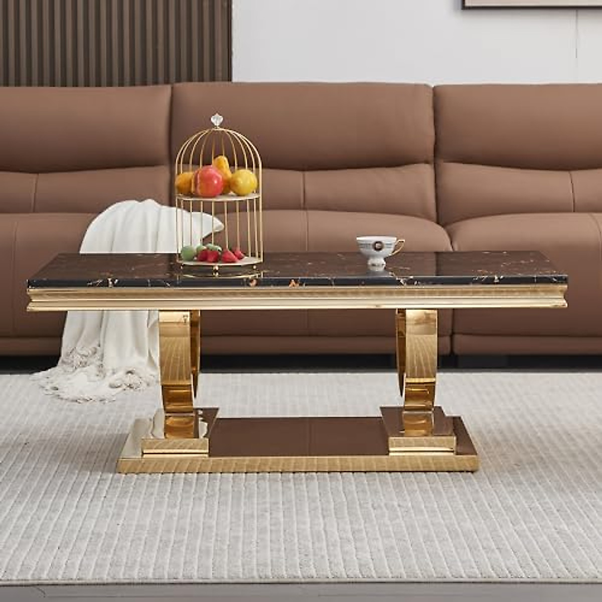 Maotifeys Black and Gold Marble Mid Century Modern Coffee Table with O Shape Stainless Steel Pedestal Base, Rectangle Marble Top for Living Room, Bedroom, Office Behind Couch