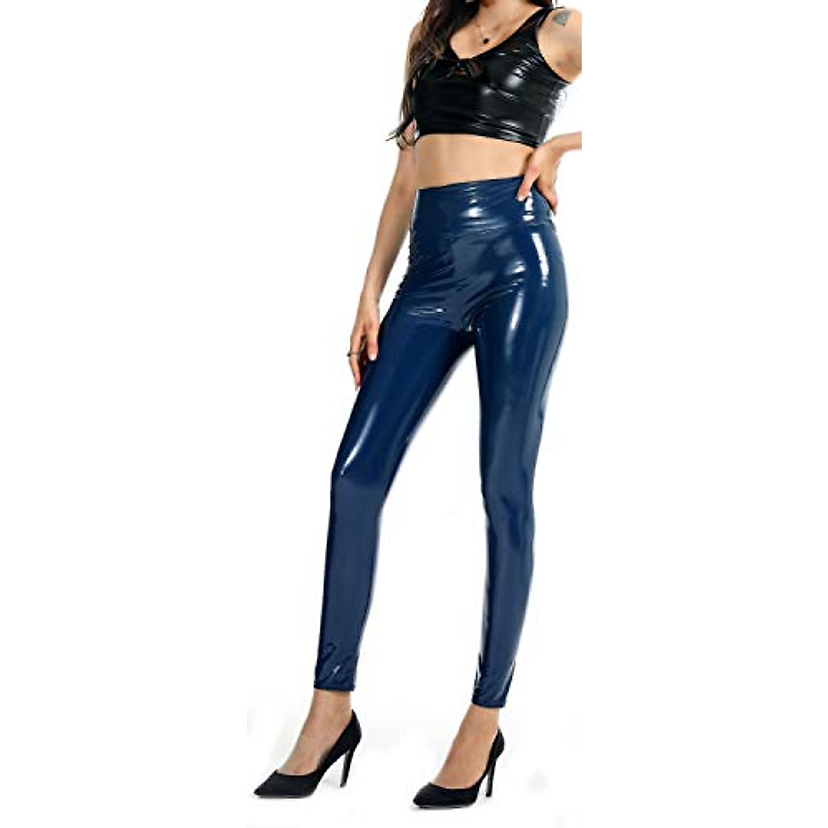 Falags High Waisted Faux Leather Leggings for Women Shiny Latex Pants Sexy Punk PU Tight Trousers, Navy, Medium