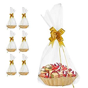 [6 pk] Baskets for Gifts Empty| 7x9" Small Wicker-look Empty Baskets to Fill| DIY Gift Basket Set with Basket Bags and Gold Pull Bows| Thanksgiving, Christmas, Easter Gift Basket Kit| Gift to Impress