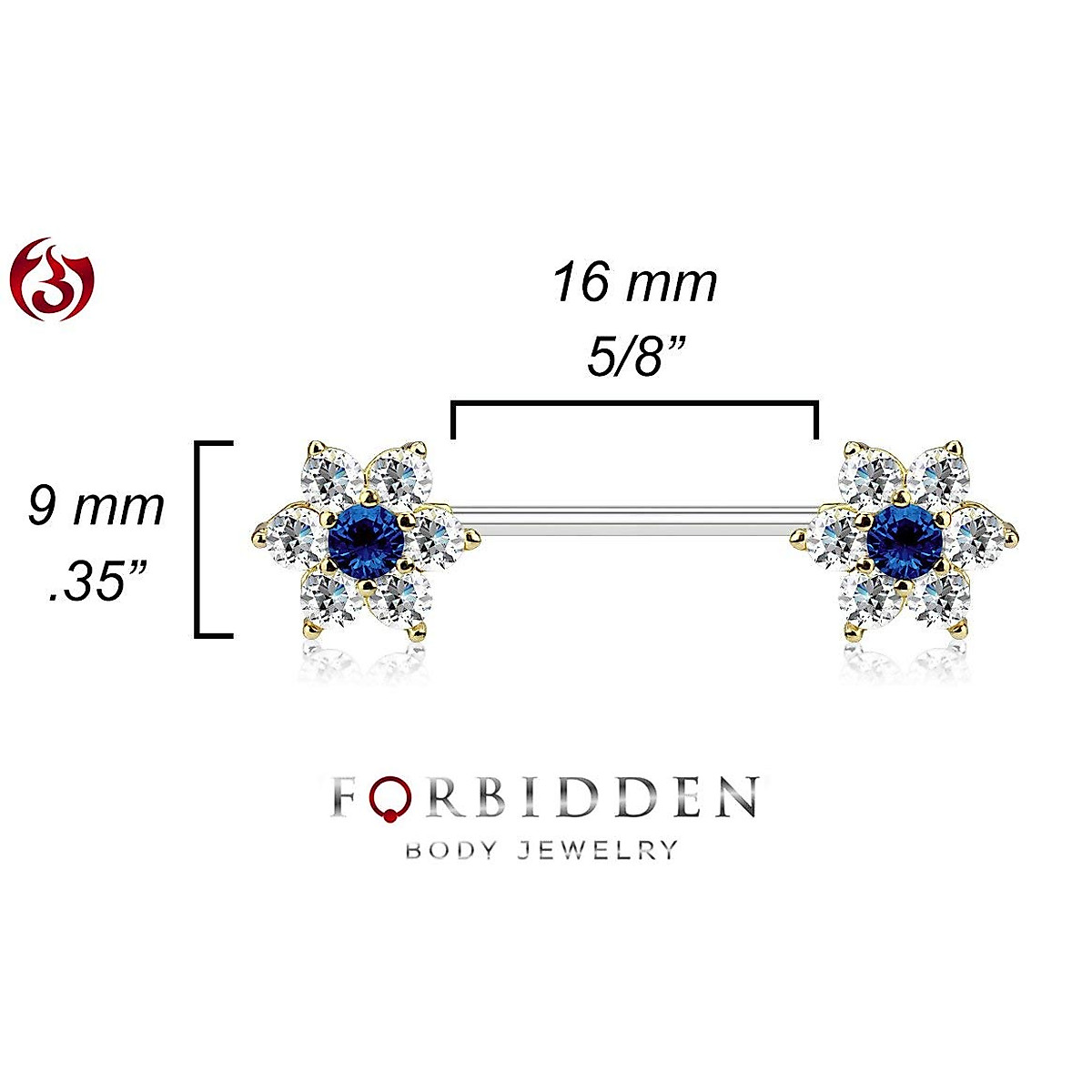 Forbidden Body Jewelry Pair of Surgical Steel 5/8 Inch 7-CZ Posh Flower Nipple Barbells, Clear/Blue (Gold Tone)