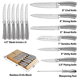 14 Pcs German Stainless Steel Kitchen Knife Set with In-Drawer Bamboo Knife Block - 7 Chef Knives,6 Serrated Steak Knives, Knife Sharpener, Ultra Sharp Chef Knife Set with Full-Tang Design