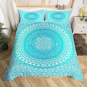 Mandala Boho Bedding Set Queen,Teal Psychedelic Comforter Cover for Boys Girls,Kids Aesthetic Duvet Cover Set Indian Hippie Bedspread Cover Fashion Teens Bedroom Decor 3 Pcs Bed Collection