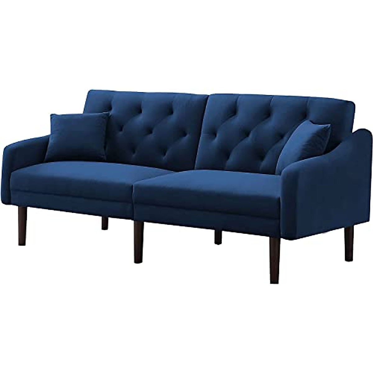 DNYN Convertible Sleeper Futon Sofa with 2 Pillows, Velvet Tufted Couch w/Metal Legs and Adjustable Backrest, for Apartment Office Small Space Living Room Furniture, Blue