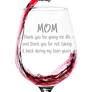 Mom Giving Me Life Funny Wine Glass - Cool Christmas Gifts for Mom from Son, Daughter, Child - Unique Xmas Best Mom Gifts - Fun Gag Birthday Present Idea for Mother, Women - Novelty Mom Wine Glasses