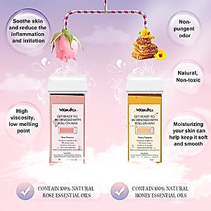 Roll on Wax Kit, WX BRAVEA Wax Roller Roll on Wax Warmer for Hair Removal, Soft Wax Depilatory Wax for Sensitive Skin, 1 Rose Wax&1 Honey Wax for Brazilian Wax, 100 Wax Strips&1 Post Wax Oil for Women and Men