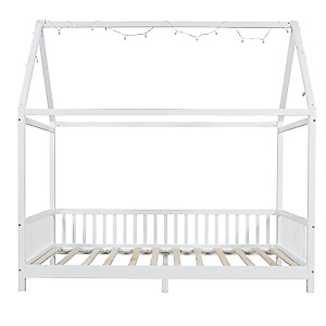 SOFTSEA Wood Montessori Bed Frame with High Fence Full Size House Bed Low Bed Frame with LED Lights for Kids
